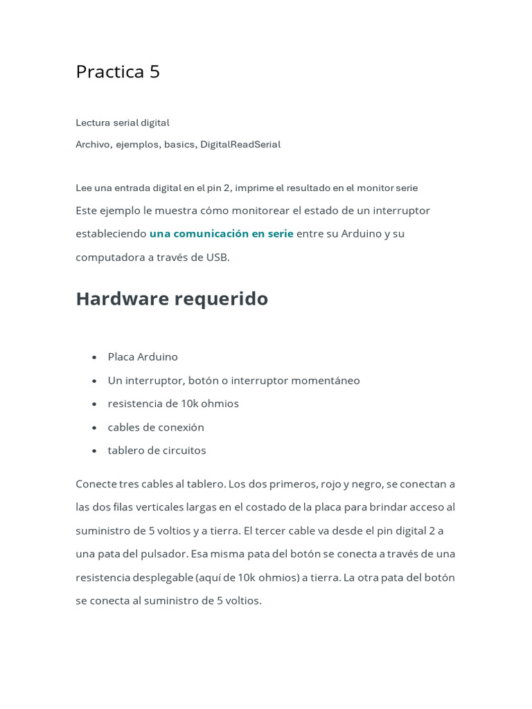 arduino practica 5 digitalreadserial | PDF | Cambiar | Arduino