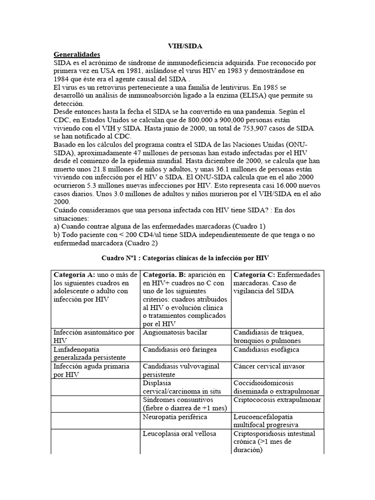 Vih/Sida Generalidades: Cuadro Nº1: Categorías Clínicas de La Infección ...