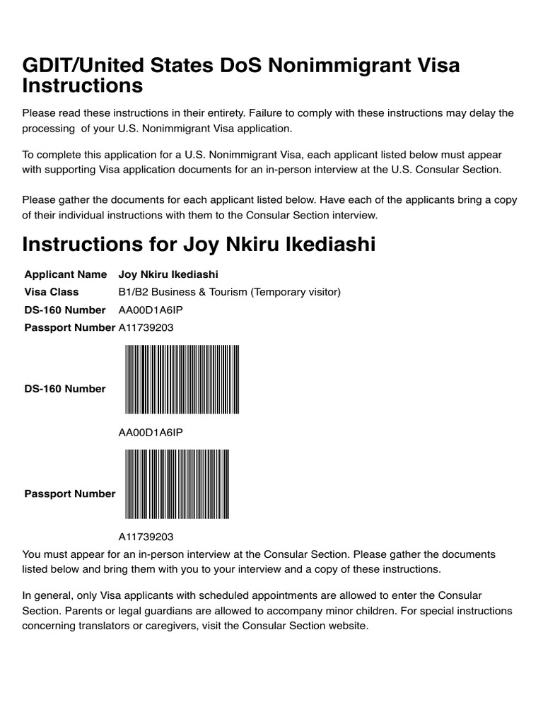Confirmation And Instructions Official U S Dep PDF Travel Visa