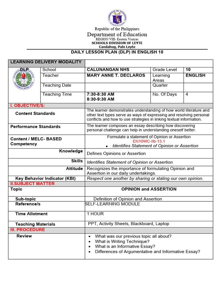 Cot 1-DLP | PDF | Learning | Lesson Plan