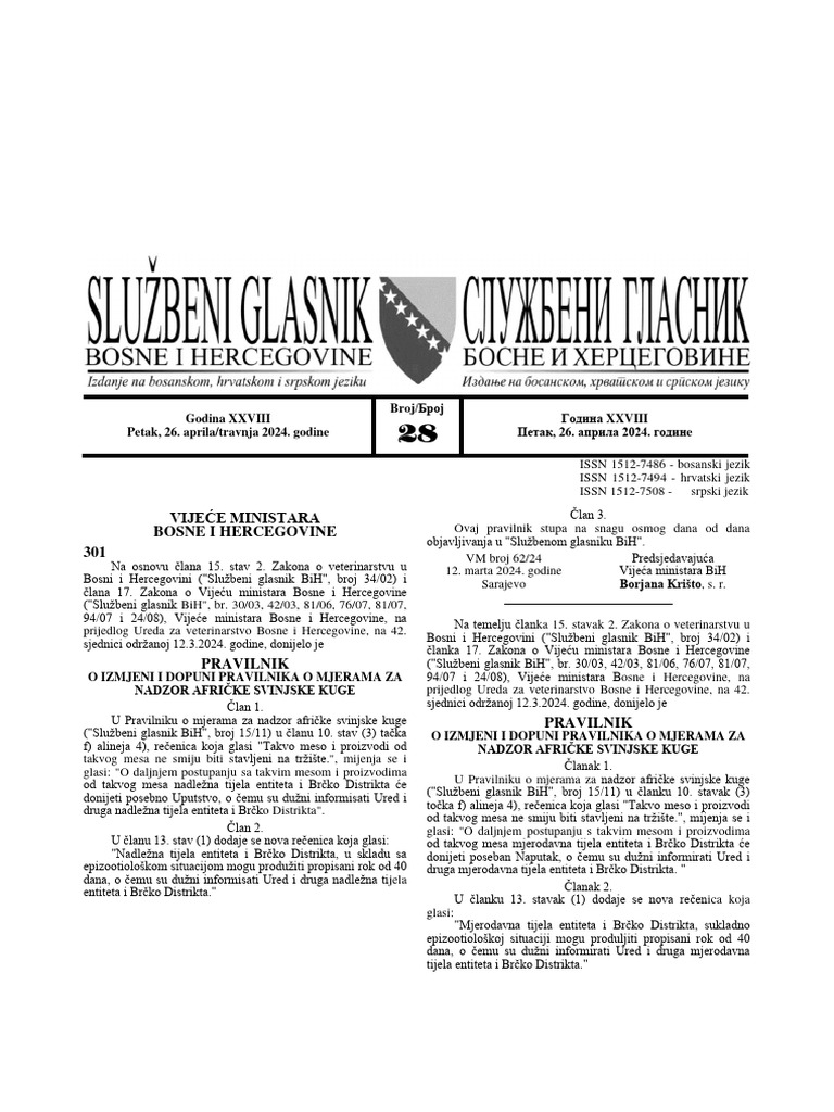 Službeni Glasnik BiH (Godina 28, Broj 28 26.4.2024) | PDF
