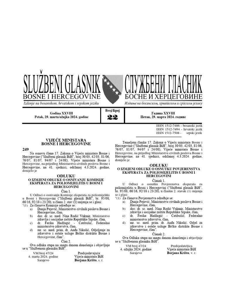 Službeni Glasnik BiH (Godina 28, Broj 22 29.3.2024) | PDF