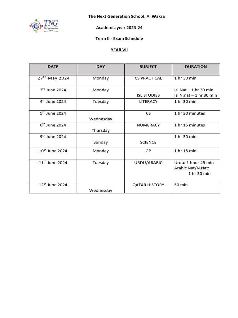 Year VII Exam Schedule 2023-24 | PDF