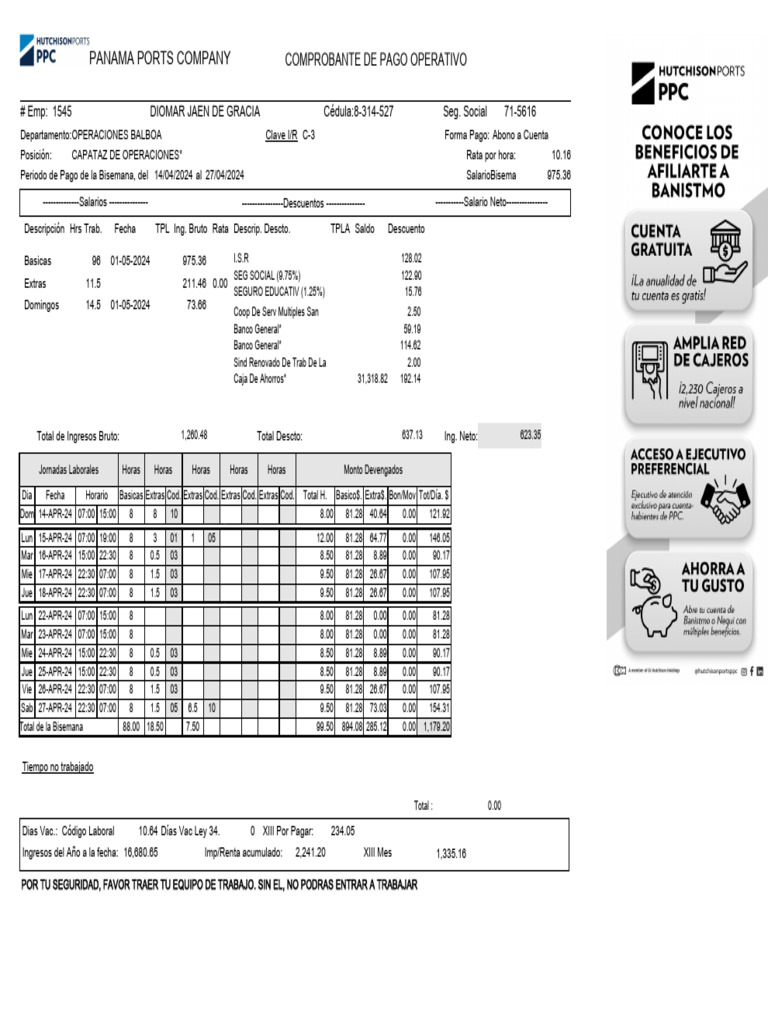 Panama Ports Company: Comprobante de Pago Operativo | PDF