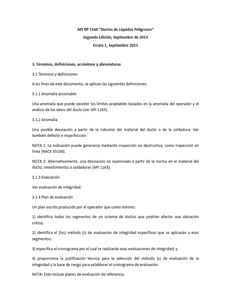 API RP 1160 Edición 2013 en Español | PDF | Riesgo | Tubería ...