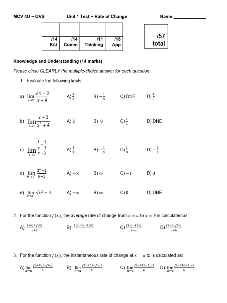 OVS MCV4U Unit 1 Test: Rate of Change | PDF | Derivative | Heart Rate