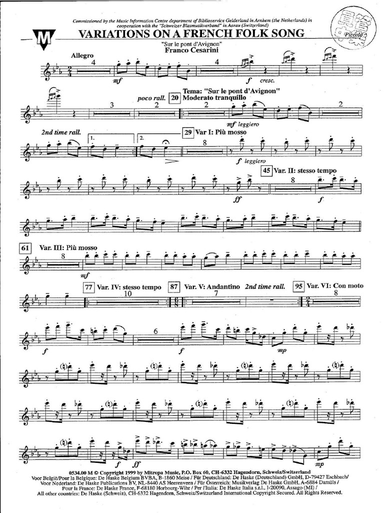 Variations On A French Folk Song - F. Cesarini | PDF