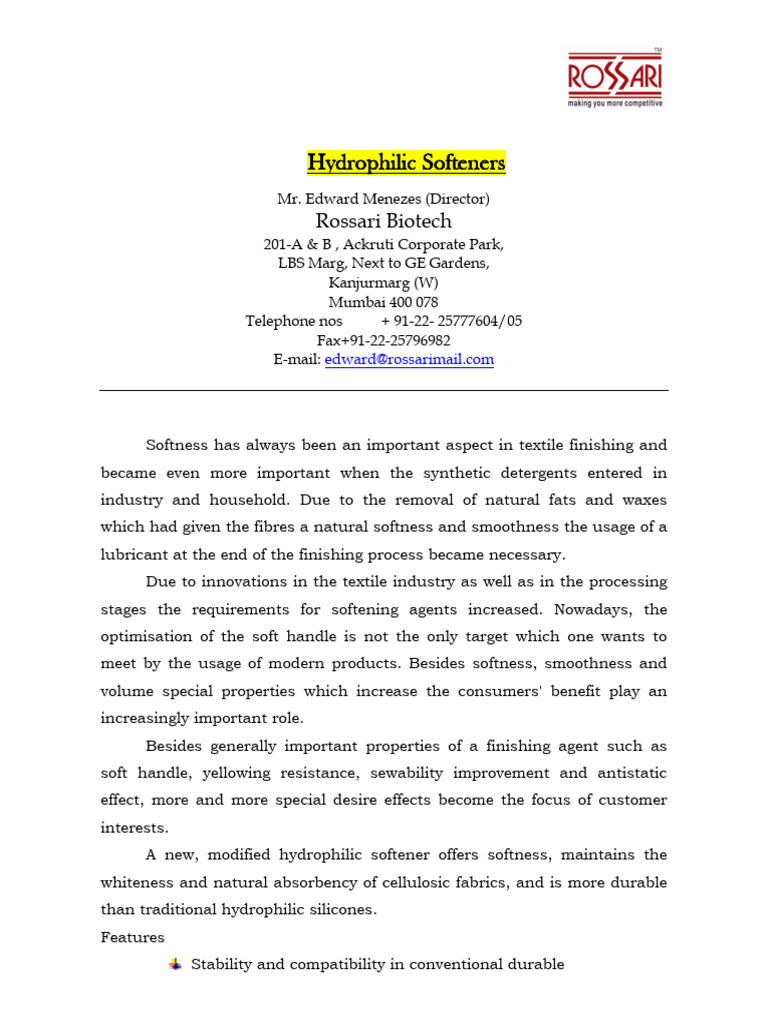 Hydrophilic Softeners Article - Rossari | PDF | Silicone | Textiles
