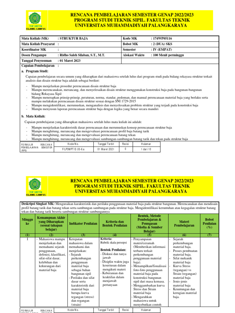 Rencana Pembelajaran Semester (RPS) Struktur Baja 2024 | PDF