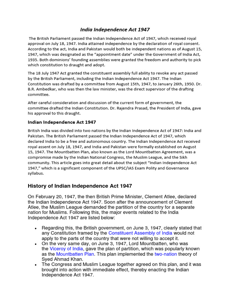 Overview of the Indian Independence Act | PDF | Partition Of India ...