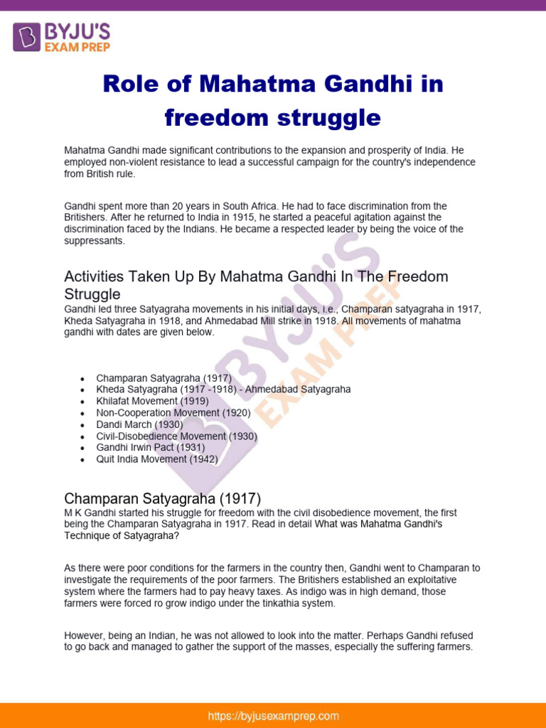 Role of Mahatma Gandhi in Freedom Struggle Upsc Notes 34 | PDF ...