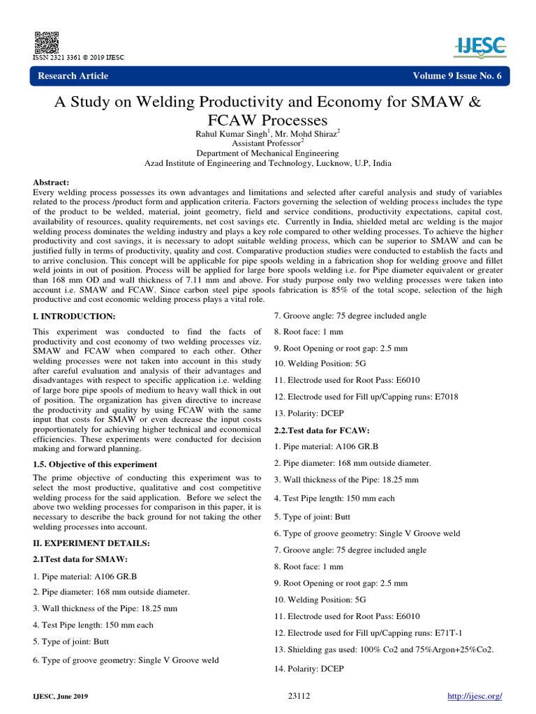 A Study On Welding Productivity and Economy For SMAW & FCAW Processes | PDF | Welding | Construction