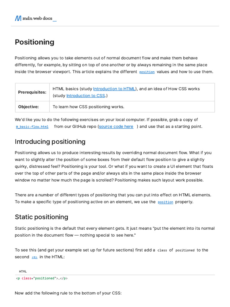 Positioning - Learn Web Development - MDN | PDF | Html Element | Html