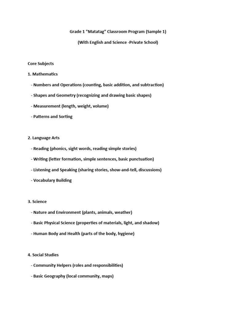 Private School - Grade 1 Matatag Class Program | Download Free PDF ...
