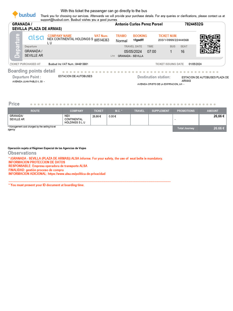 From Sevilla - Estacion de Autobuses Plaza de Armas 05 May 2024 Ticket1 | PDF | Seville | Transport