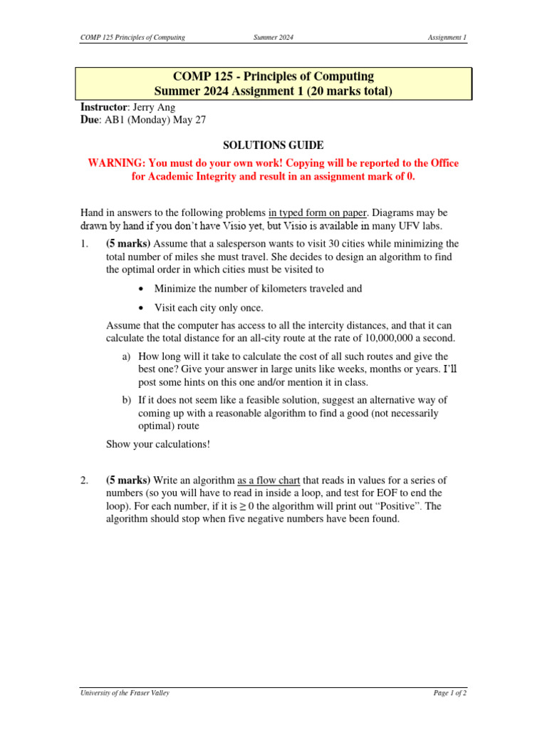 COMP 125 Assign 1 Summer 2024 | PDF | Algorithms | Computer Science