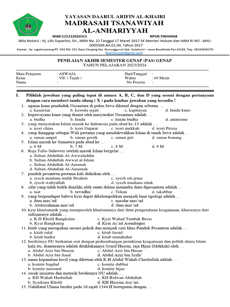 Soal Pas Aswaja 7 Gasal | PDF