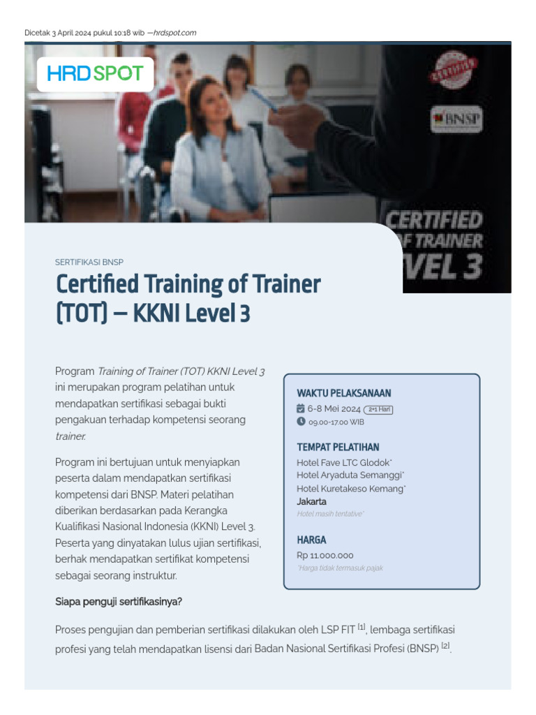 HRD SPOT Certified Training of Trainer (TOT) - KKNI Level 3 - HRD SPOT Offline 6-8 Mei 2024 ...