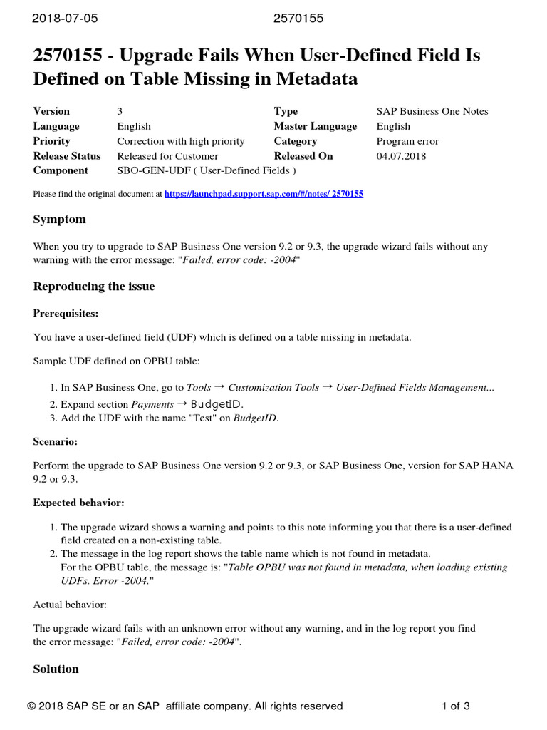 Upgrade Fails When User-Defined Field Is Defined On Table | Download Free PDF | Computer ...