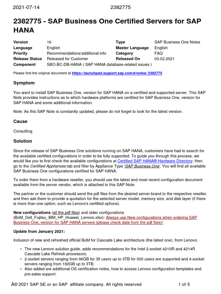 SAP Business One Certified Servers For SAP HANA | PDF | Application ...