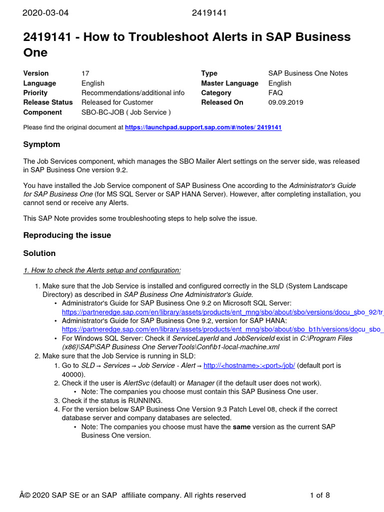 How To Troubleshoot Alerts in SAP Business One | Download Free PDF | Microsoft Sql Server ...