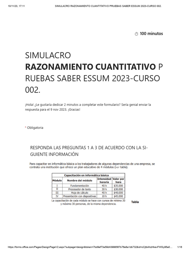 Simulacro Razonamiento Cuantitativo Pruebas Saber Essum 2023-Curso 002 | PDF