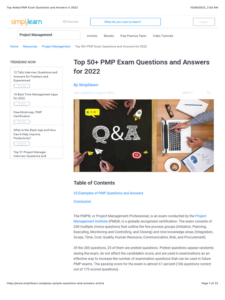 Top Asked PMP Exam Questions and Answers in 2022 | PDF | Project Management Professional ...