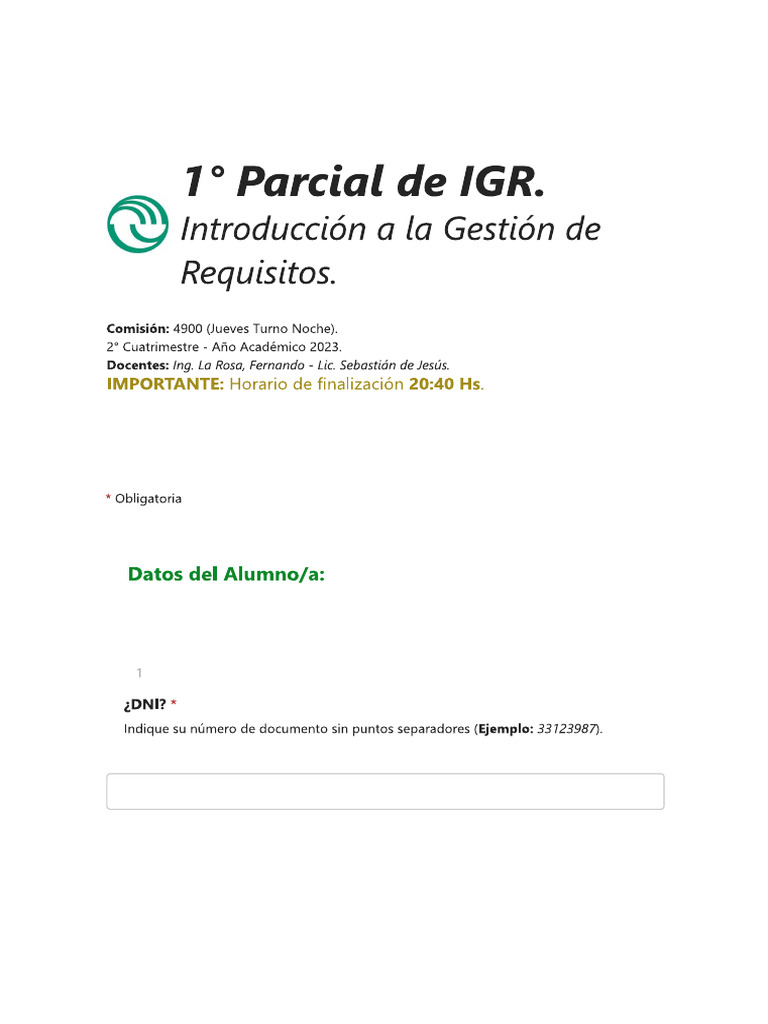 1° Parcial de IGR. Introducción A La Gestión de Requisitos | PDF