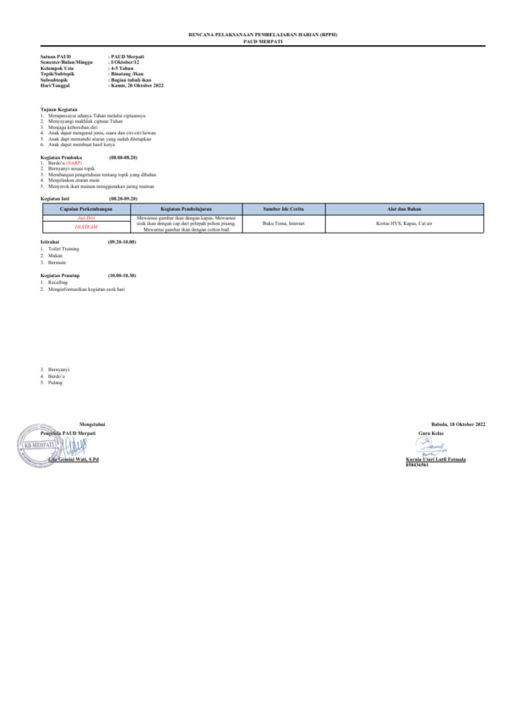RPPH Tema Ikan untuk PAUD Merpati | PDF