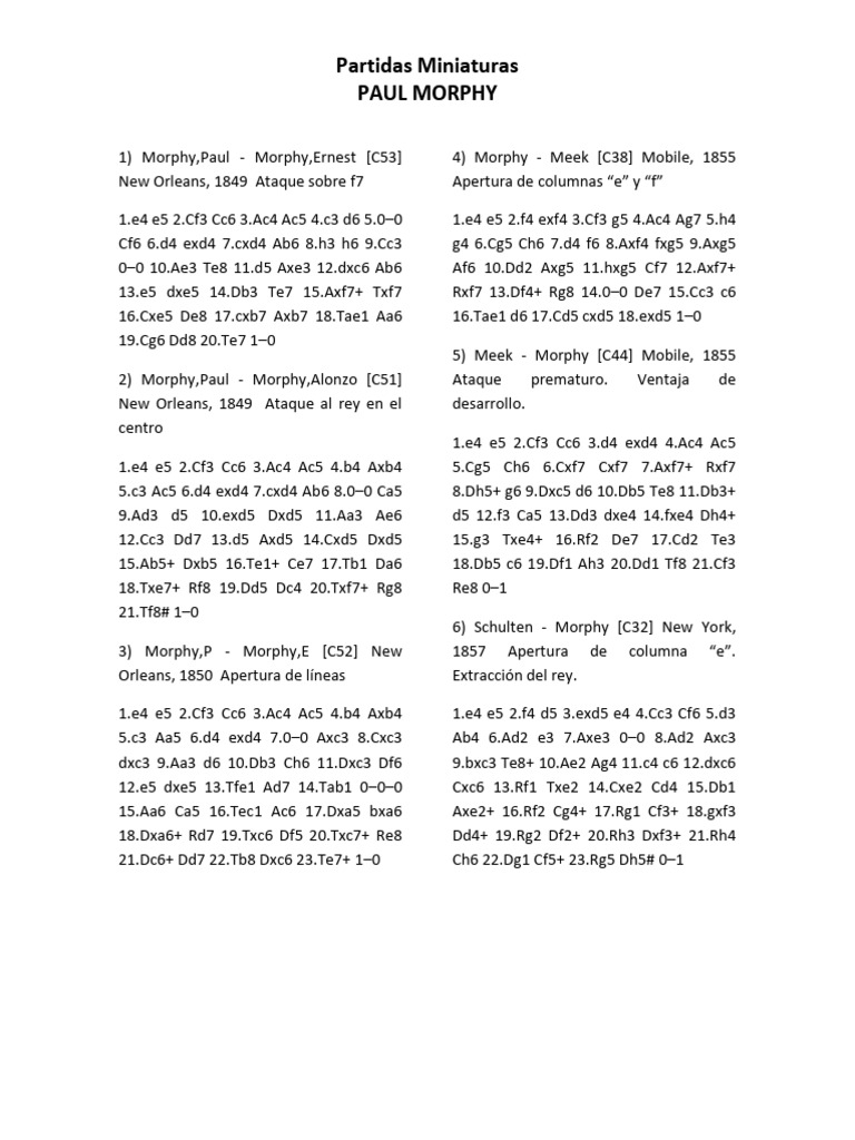 Morphy Miniaturas Instructivas | PDF | Aperturas de ajedrez | Competiciones de ajedrez