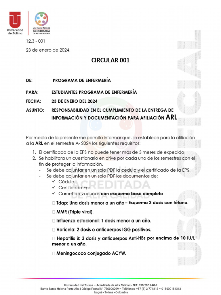 Circular Informativa - 001 - 2024 Arl Enfermerïa | PDF