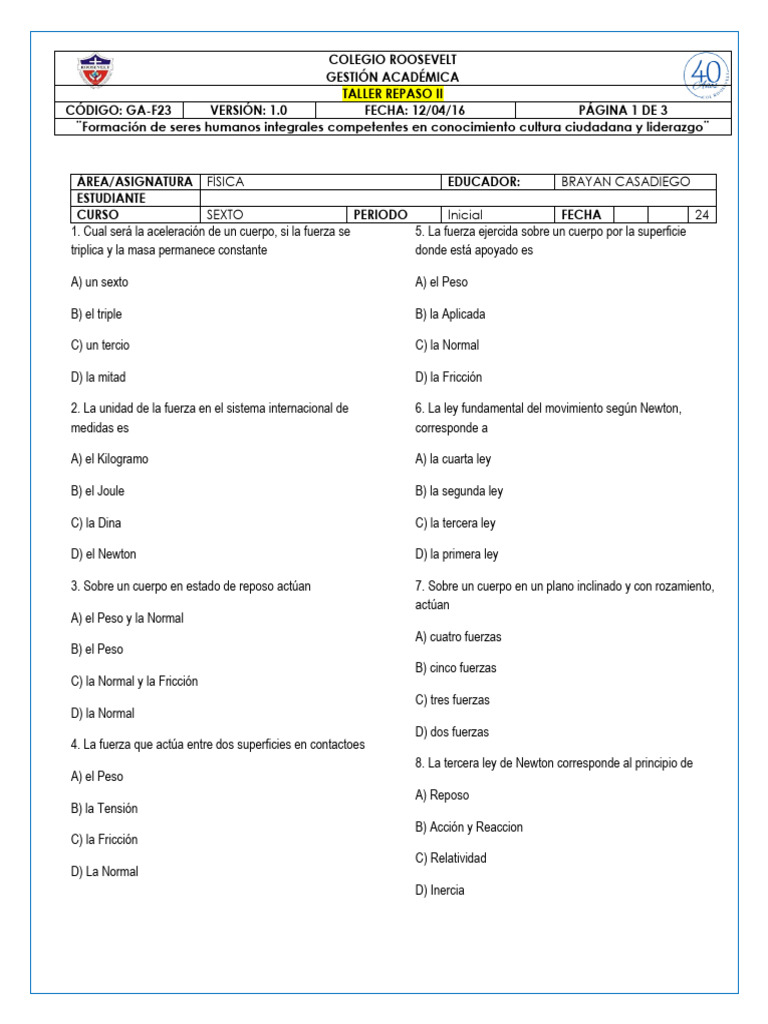 Preguntas de Física para Sexto Grado | PDF | Fuerza | Fricción