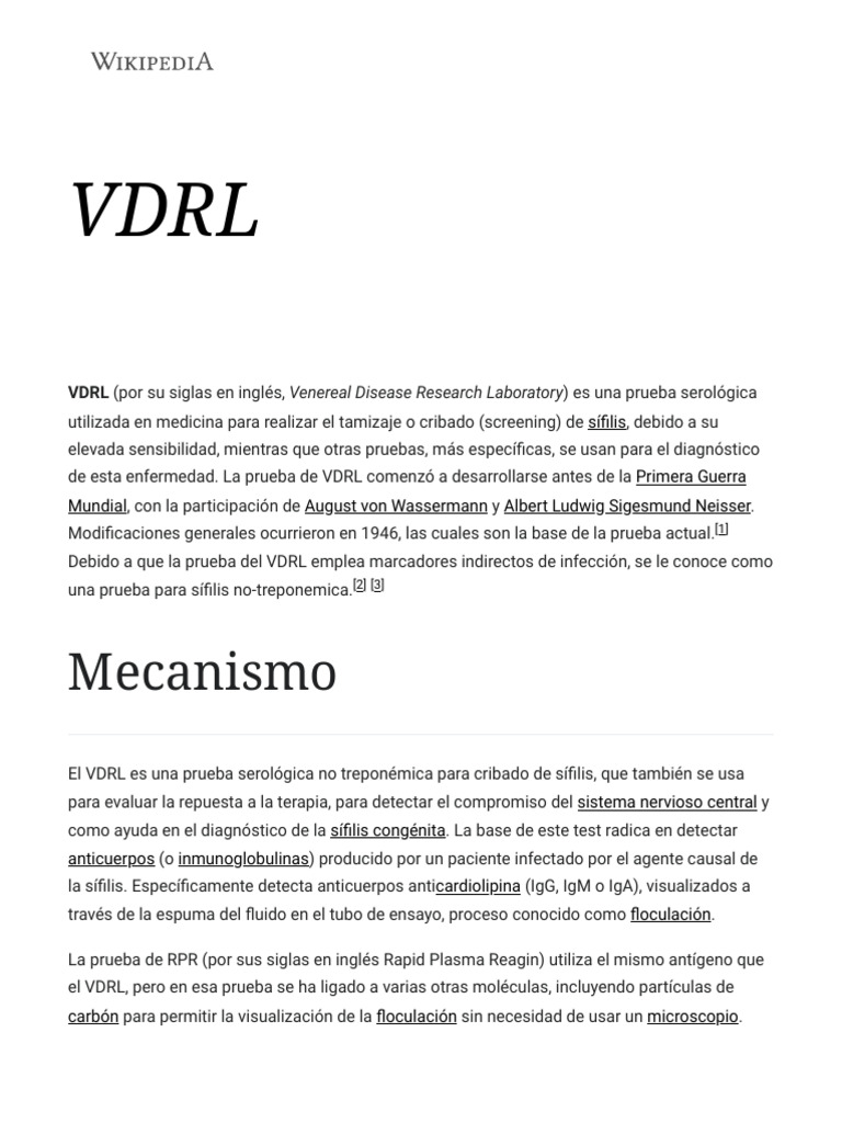 VDRL - Wikipedia, La Enciclopedia Libre | PDF | Medicina CLINICA | Inmunología