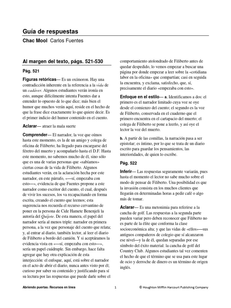 Guía de Respuestas: Chac Mool Carlos Fuentes | PDF | Cuentos