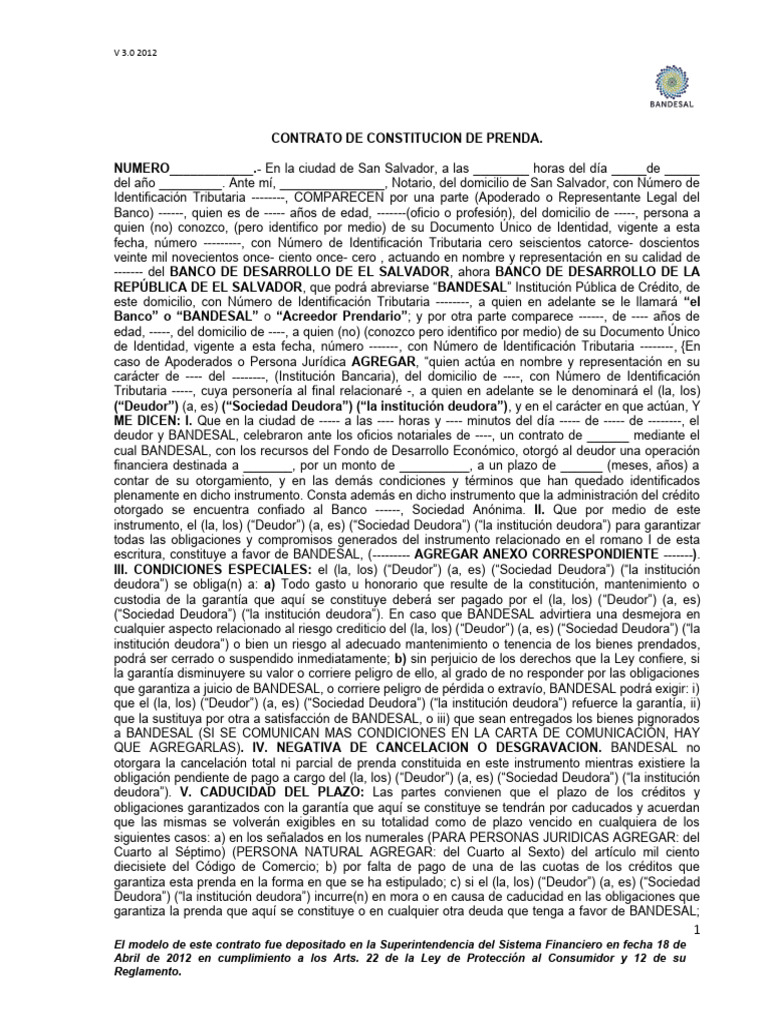 Contrato de Prenda BANDEAL 2012 | PDF | Propiedad | Pagos