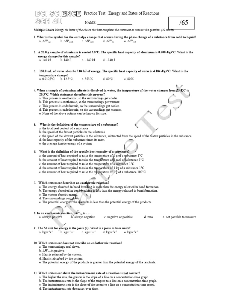 Energy and Reaction Rates Practice Test | PDF | Reaction Rate | Unit ...