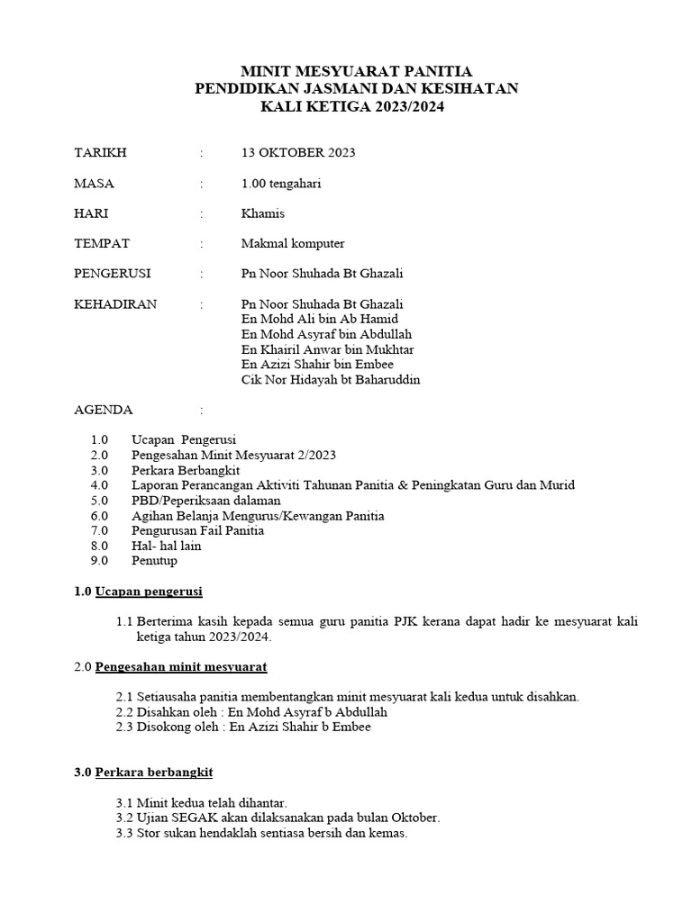 Minit Mesyuarat PJK 3 2023 | PDF