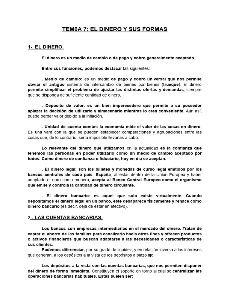 Tema 7 - El Dinero y Sus Formas | PDF | Dinero | Bancos