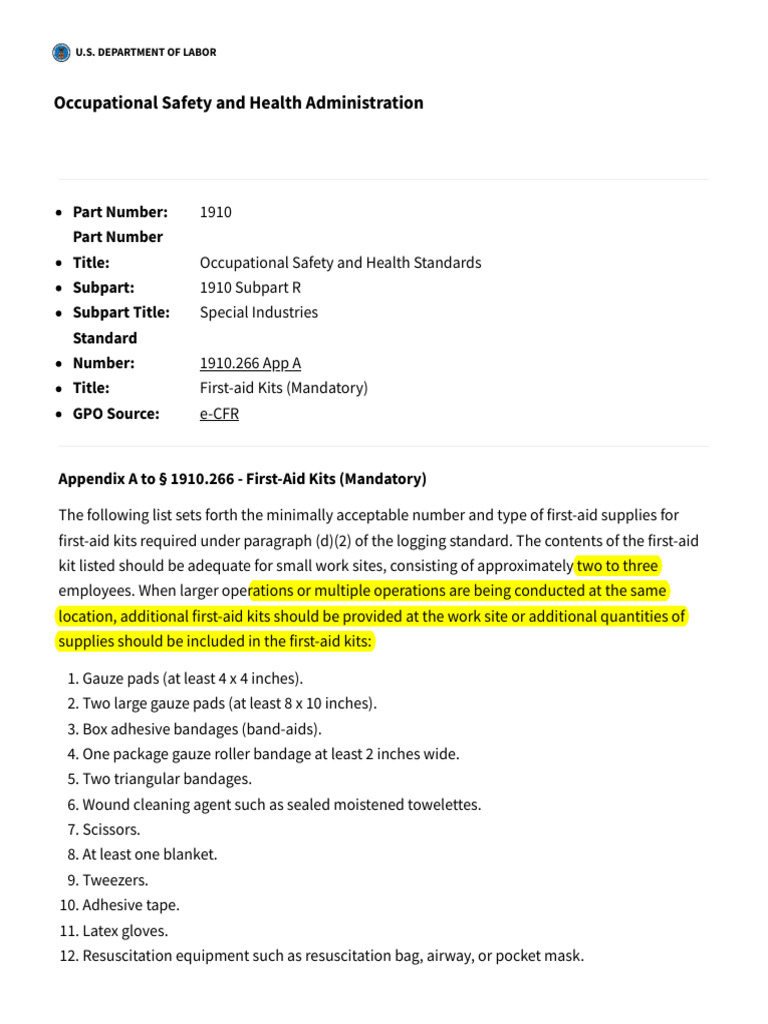 Mandatory First-Aid Kit Requirements | PDF | Occupational Safety And Health Administration ...