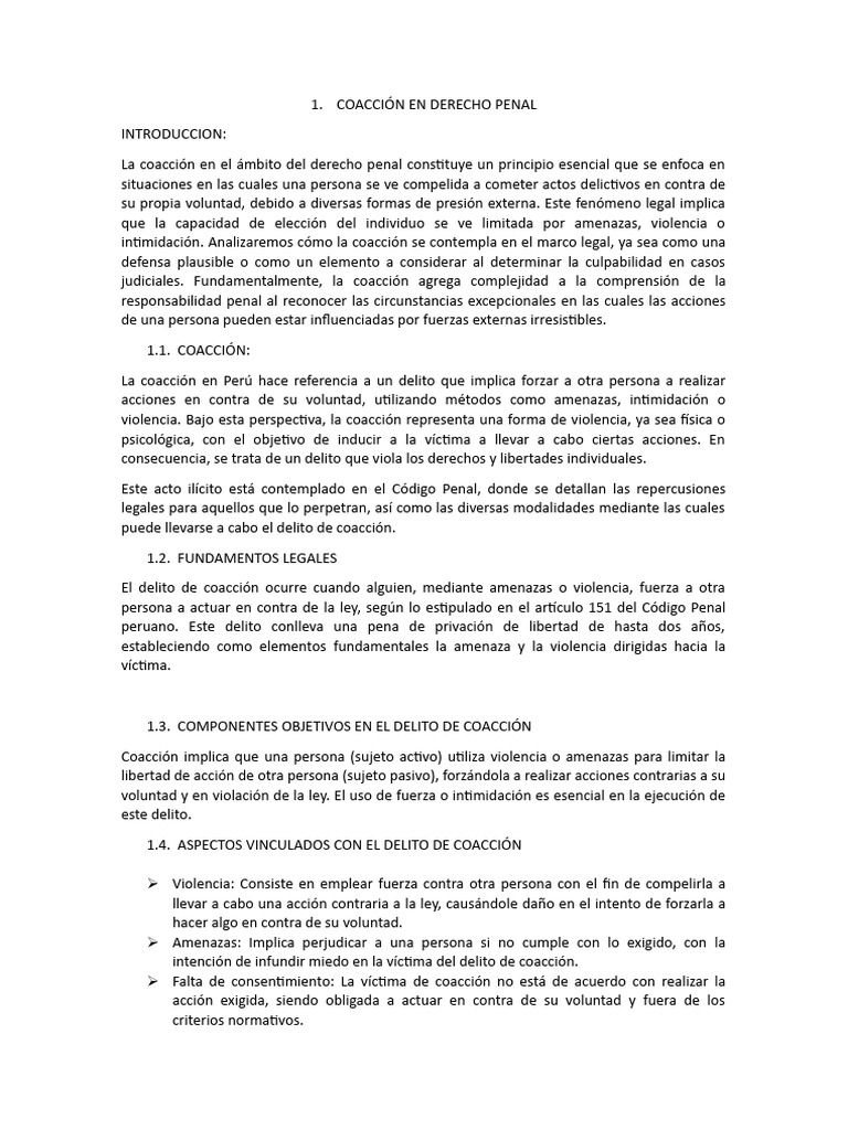 Coacción Penal en Perú: Análisis Legal | PDF | Derecho penal | Violación