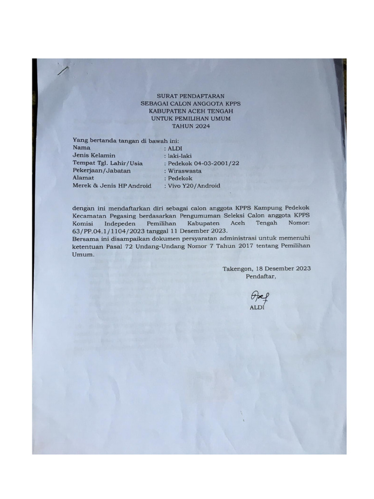 surat pendaftaran Aldi | PDF