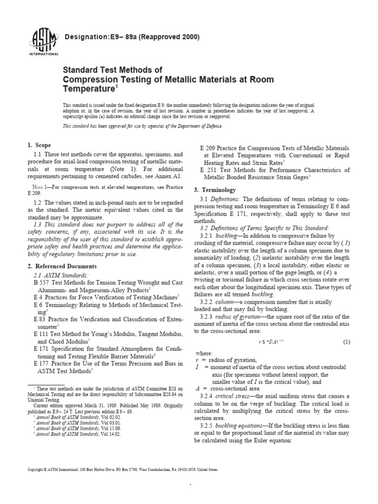 ASTM E9 - 89 (Compresión Metales) | PDF | Strength Of Materials | Deformation (Engineering)