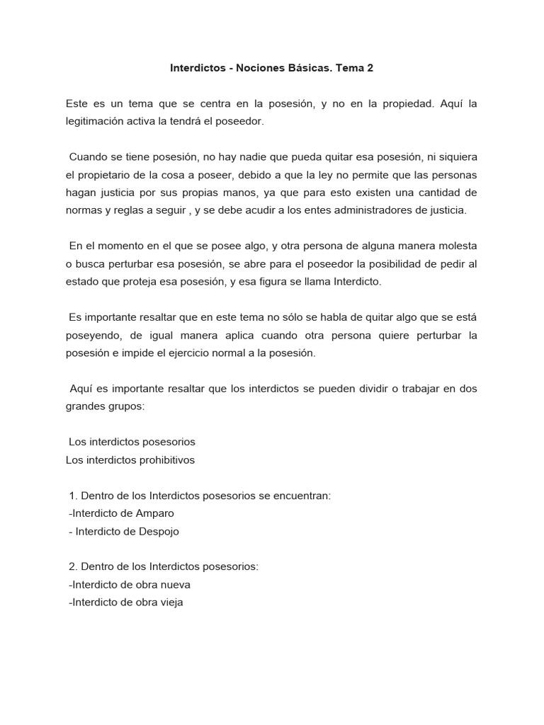 Interdictos - Nociones Básicas | PDF | Posesión (Ley) | Justicia