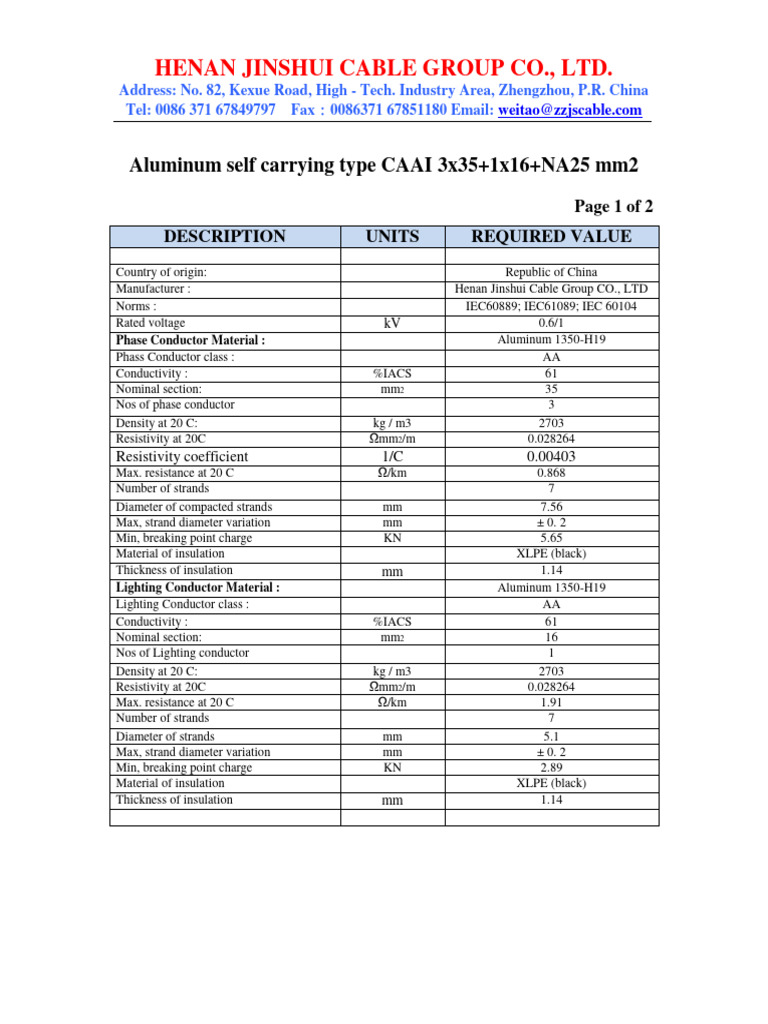 FICHA TECNICA type CAAI 3x35+1x16+NA25 mm2 | PDF | Electrical Resistivity And Conductivity ...