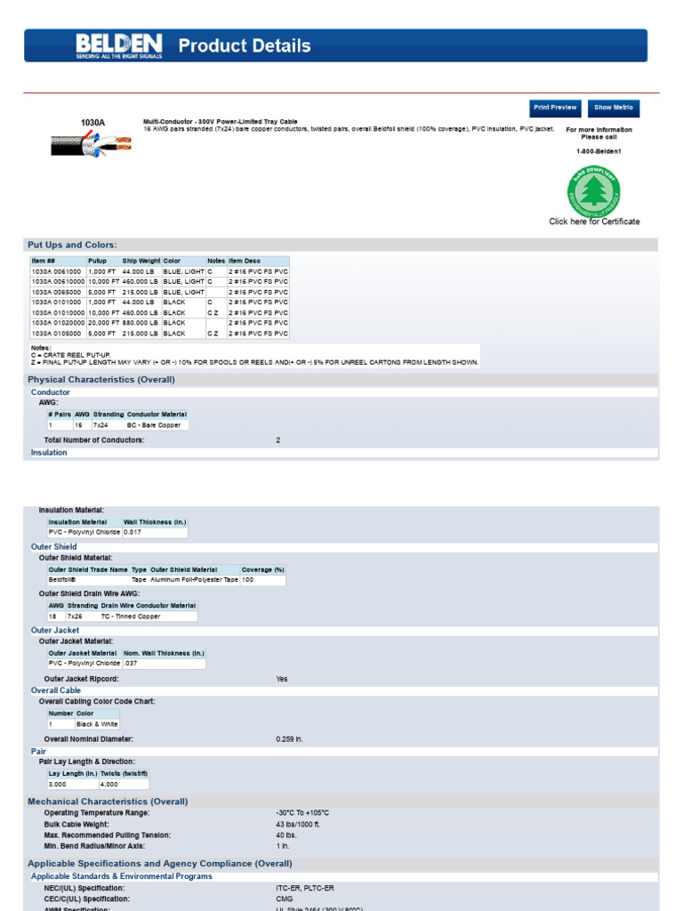 Ficha Tecnica de Cable Belden | PDF | Polyvinyl Chloride | Electrical Conductor