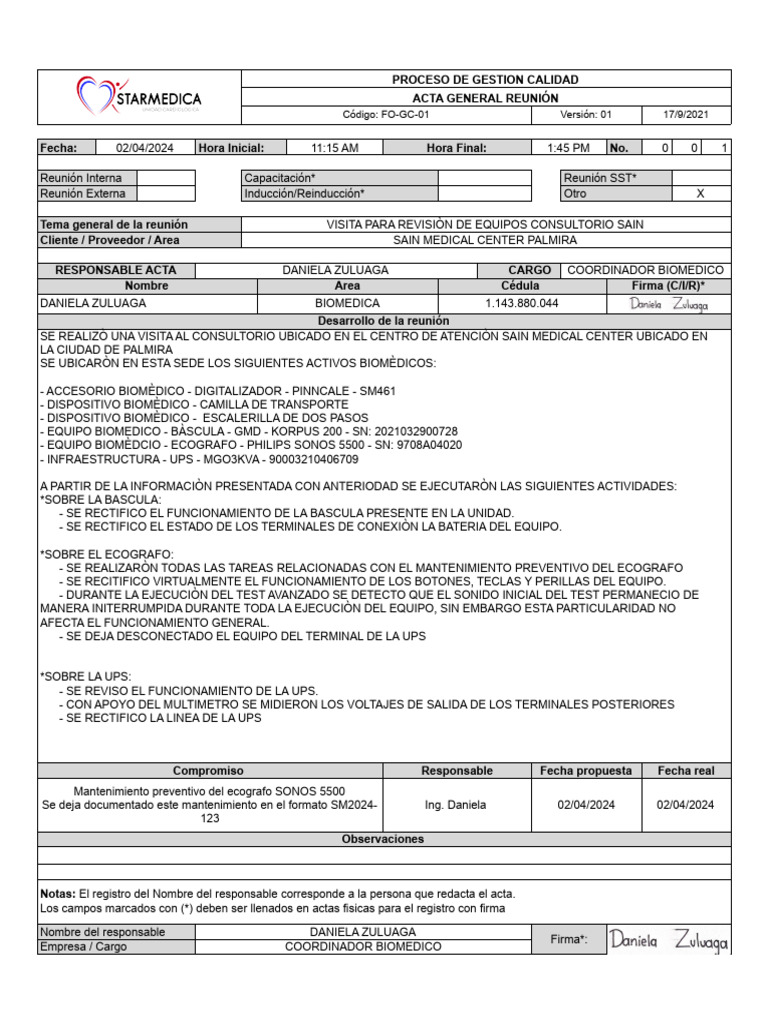 FO-GC-01 ACTA BIOMEDICO - XLSX - 02042024 VISITA SAIN PALMIRA | PDF