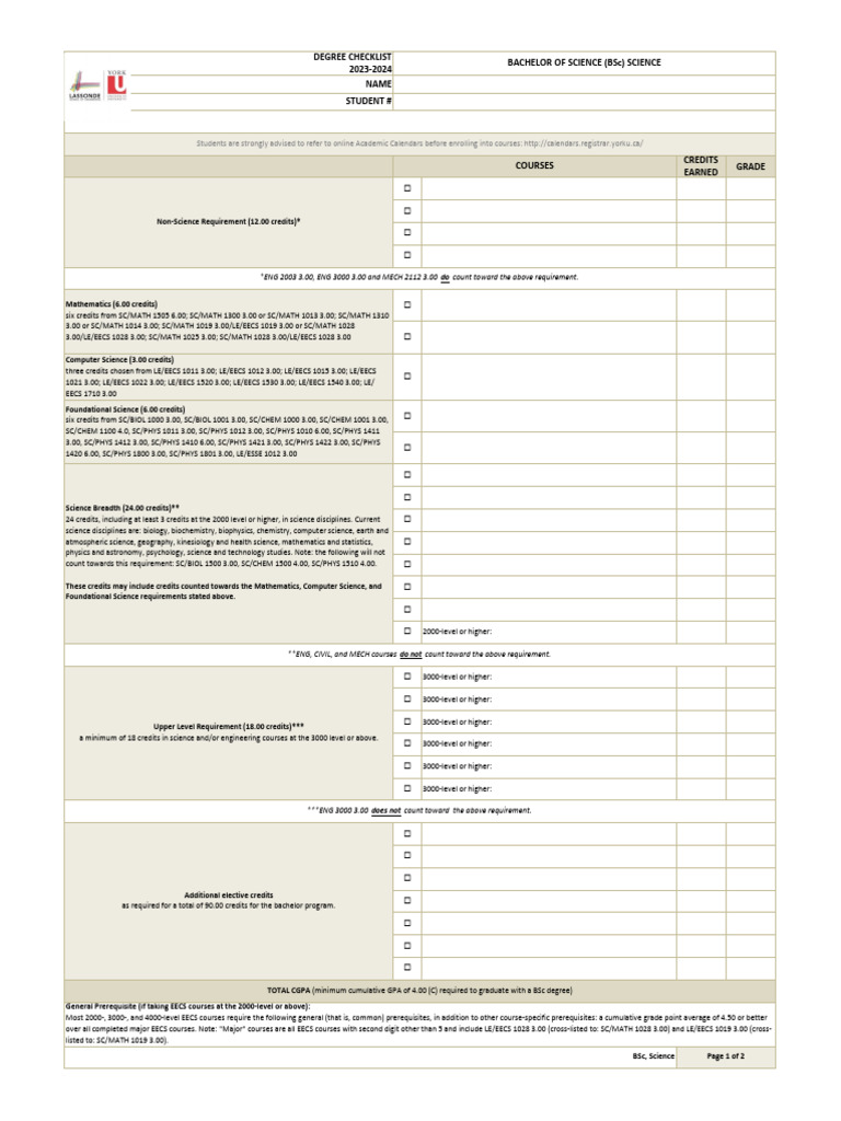 2023 24 Degree Checklist BSC Science | PDF | Bachelor Of Science | Science