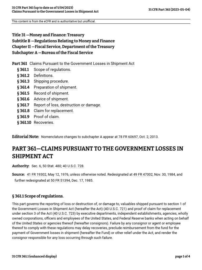 31 CFR Part 361 - Government - LossInShipmentAct (Up To Date As of 5-04 ...