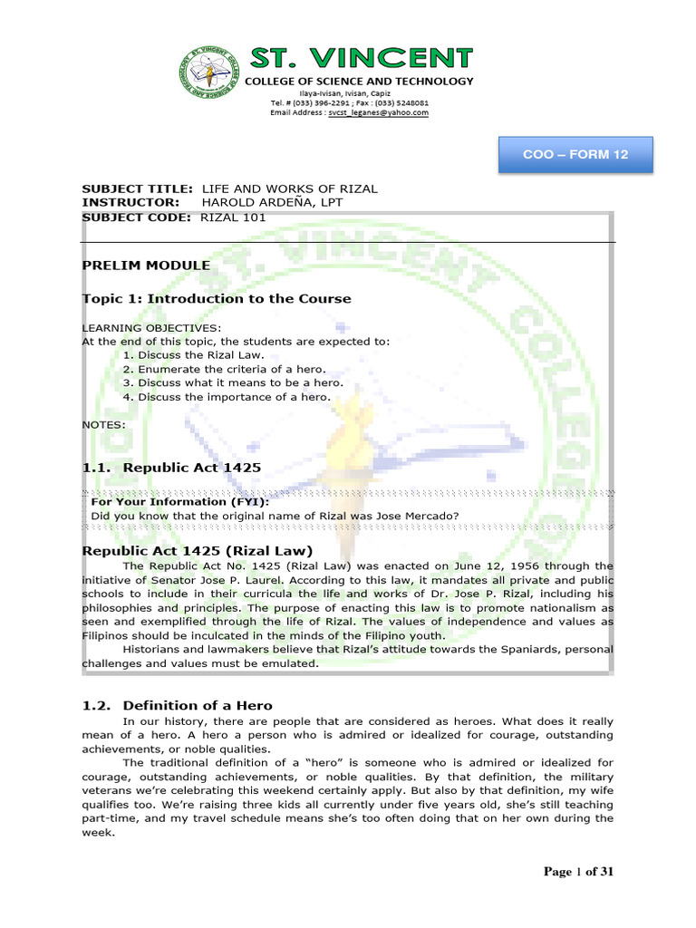 Ardena Rizal 101 Midterm Module | PDF | Philippines