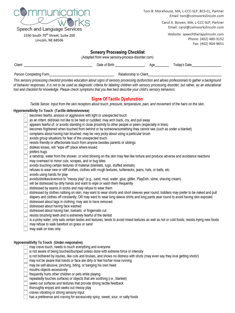 Sensory Processing Checklist | PDF | Somatosensory System | Odor